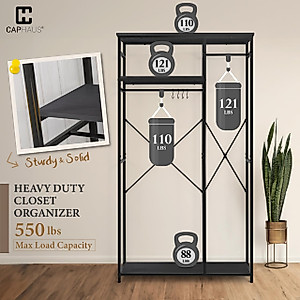 CAPHAUS 550lbs Capacity Garment Rack for Hanging Clothes, Heavy Duty Metal Open Wardrobe w/Hanging Rods & Drawers, Free Standing Closet Organizer, Metal Closet w/Wooden Boards, Black Vintage Board