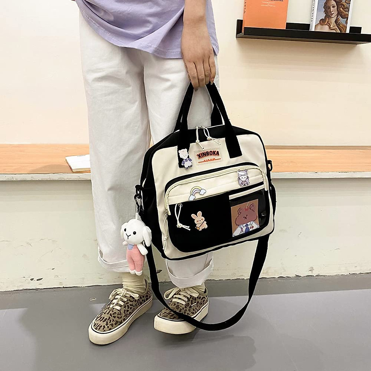 JQWSVE Kawaii Backpack Cute Messenger Bag Crossbody Canvas Tote Bag for Women Kawaii Ita Bag with Kawaii Accessories