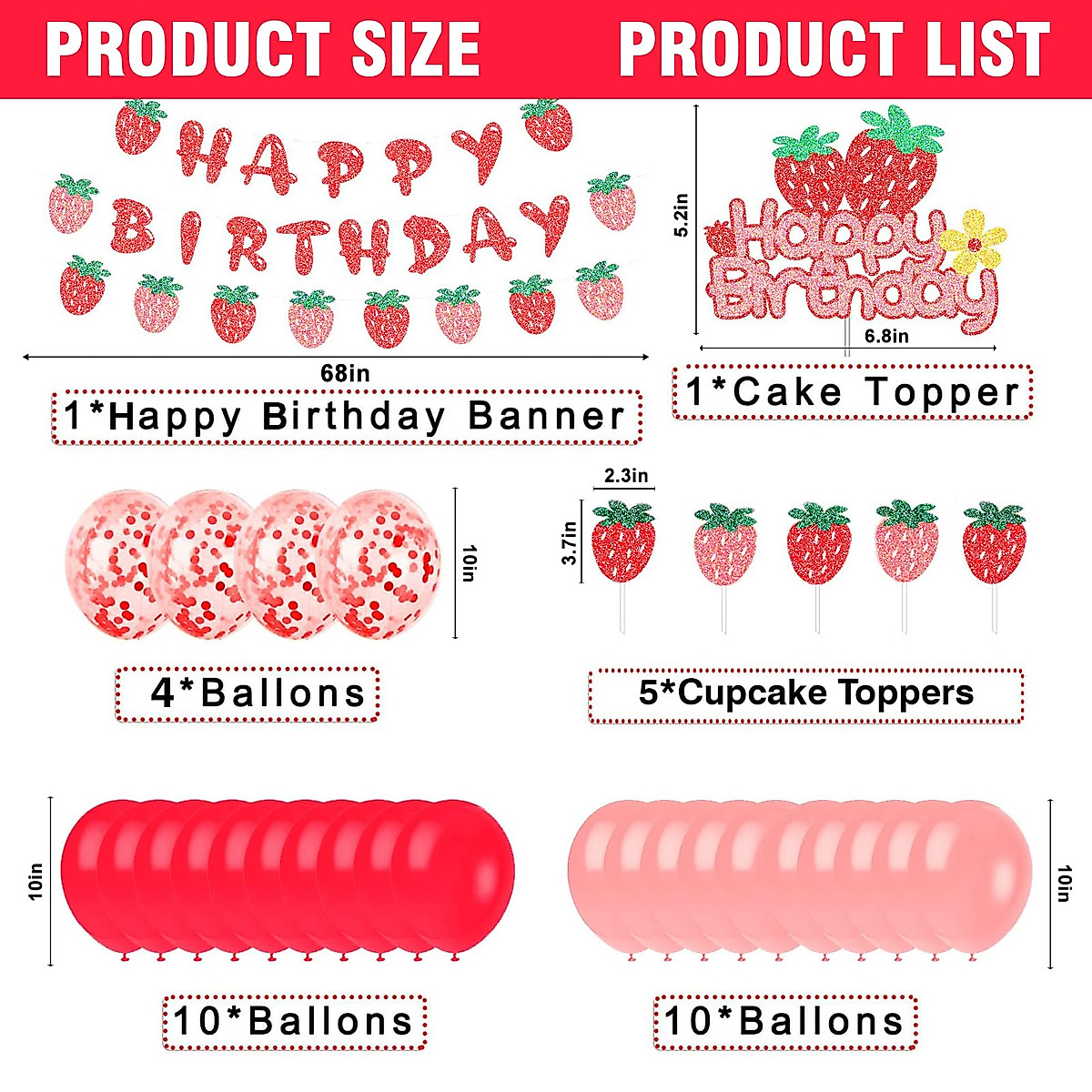 Strawberry Birthday Party Decoration Set Strawberry Happy Birthday Banner Strawberry Cake Toppers, Strawberry Balloons for Little Cutie Baby Shower Girls Party Decor Strawberry Themed Party Supplies