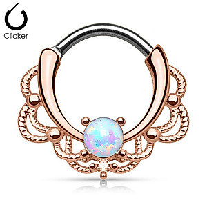 Amelia Fashion 16 GA Rose Gold with Opal Center Septum/Ear Cartilage Clicker Ring 316L Surgical Steel (Rose Gold/Opal White)