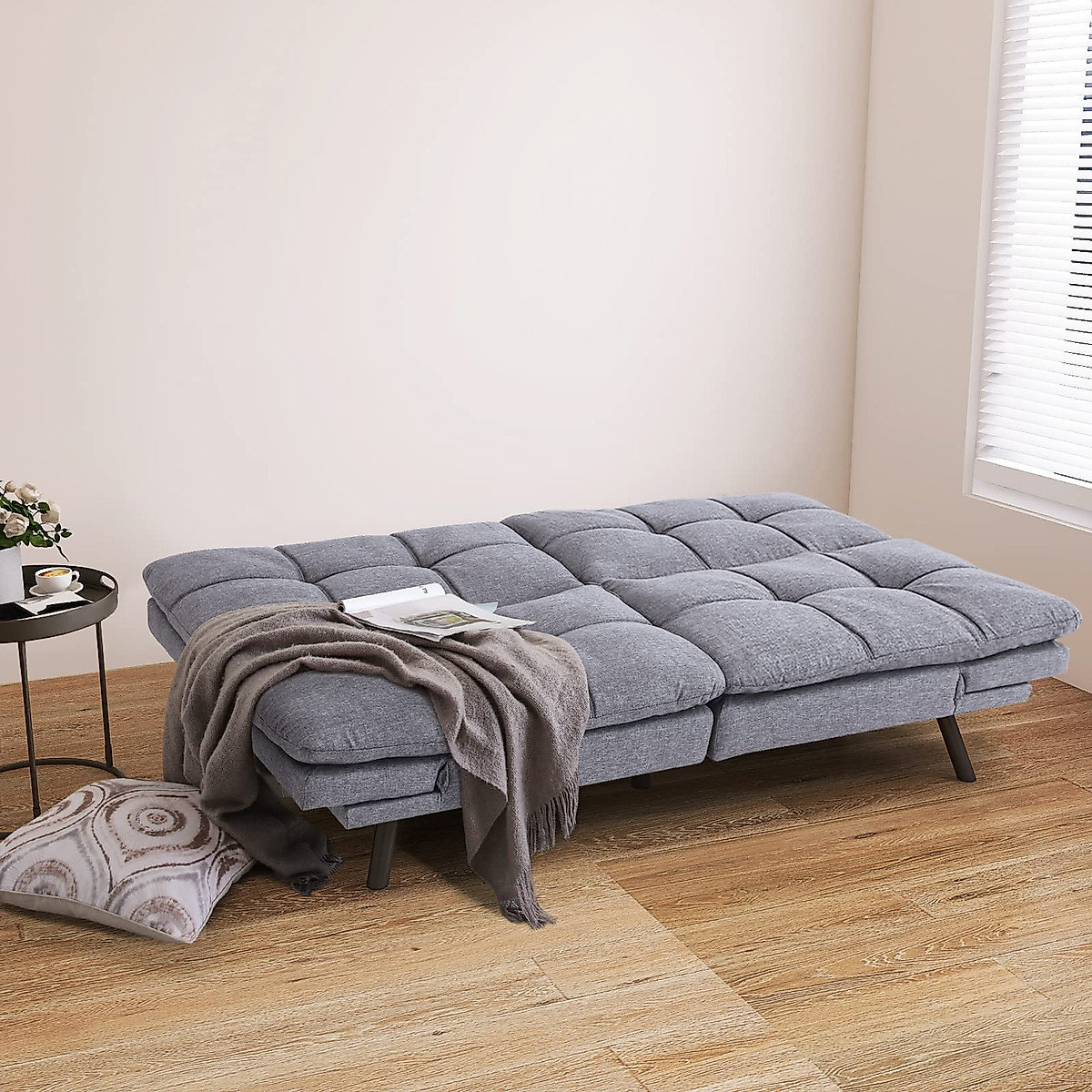 Vyfipt Futon Bed/Couch,Grey Polyester Memory Foam Small Splitback, Easy-Convert Backrests&Armrests,Stain-Resistant Fabric Sofas, 71x33x31.5