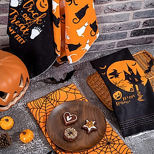 AnyDesign Halloween Kitchen Dish Towels 18 x 28 Inch Happy Halloween Tea Towel Dishcloth Orange Black Web Cat Witch Trick or Treat Drying Cloth Towel Hand Towel for Cooking Baking Bathroom, 4 Pack