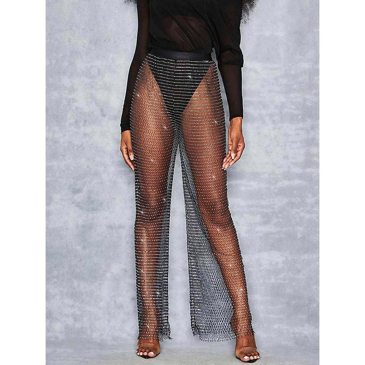 Lorealri Mesh Fishnet Pants Black Rhinestone Leggings Sparkly Crystal Cover Up Hollow Out See Through Bottoms Bikini,47.2in/120cm