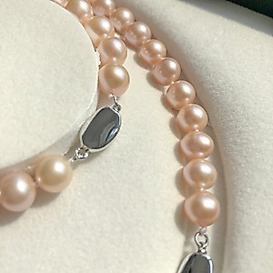 QuakerBrid Freshwater Cultured Pearl Set Jewelry for Women Includes Pearl Bracelet, Stud Earrings and Drop Dangle Earrings High Luster AAA Quality Genuine Round 8.0-9.0mm Pink Pearl Strand Necklace