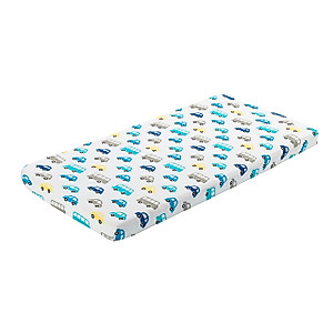 EVERYDAY KIDS 2 Pack Baby Cradle Sheets - Fitted Set for Baby Boy; 100% Cotton Jersey Knit, Breathable and Soft Cradle Mattress Pad Cover; Blue, Yellow, Gray Cars and Buses Sheet and Chevron Art Sheet