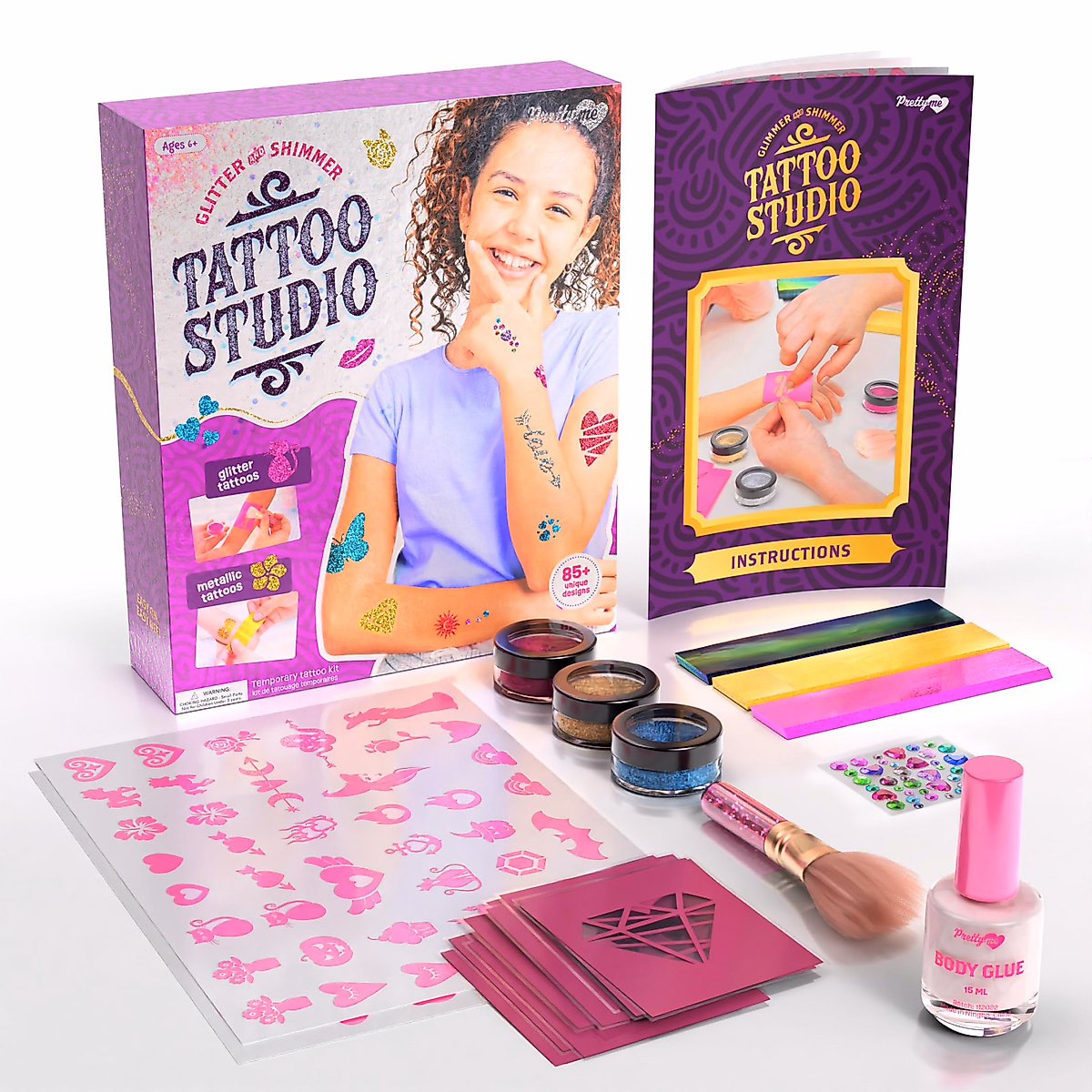 Temporary Shimmery Tattoo Studio Kit for Kids - Glitter & Metallic Fake Tattoos for Girls - Easter Birthday Gift Ideas for Girl - Craft Kits Toys for Ages 6, 7, 8, 9, 10, 11 Year Old - Cool Gifts