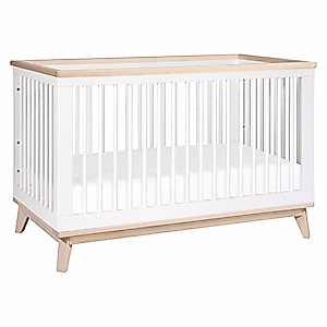 Babyletto Scoot 3-in-1 Convertible Crib with Toddler Bed Conversion Kit in White and Washed Natural, Greenguard Gold Certified