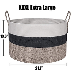 Extra Large Cotton Rope Basket Woven Basket Storage Baby Laundry Hamper with Handles for Nursery Laundry, Clothes, Toys, Blanket, Magazines, Towels, Home Organize Container 21.7" x 21.7" x 13.8"