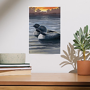 Lantern Press 8x12 Inch Art Print Wall Decor, Loons and Lake at Sunset