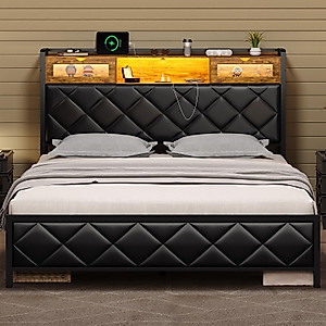 DICTAC Queen LED Bed Frame with Bookcase Storage Headboard, Charging Station,Hidden Storage Space Metal Platform Bed Frame with Storage Shelves & LED Lights,Faux Leather,Heavy Duty Metal Slats,Black