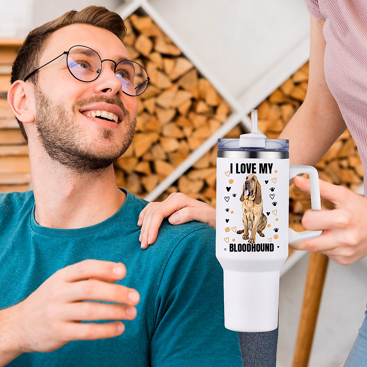 Dog Mom 40 oz Insulated Tumbler with Handle and Straw - Travel Coffee Mug for Women, Dog Lover Gifts (Bloodhound Gifts)