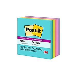 Post-it Super Sticky Notes, 3x3 in, 5 Pads, 2x the Sticking Power, Supernova Neons, Recyclable (654-5SSMIA)