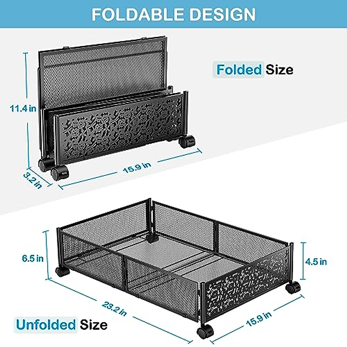 IVMAIE 2 Pack Metal Under Bed Storage with Wheels, Foldable Underbed Shoe Storage Organizer Containers, Tool-Free Assembly Under Bed Rolling Storage Drawer Cart for Bedroom, Clothes, Toys
