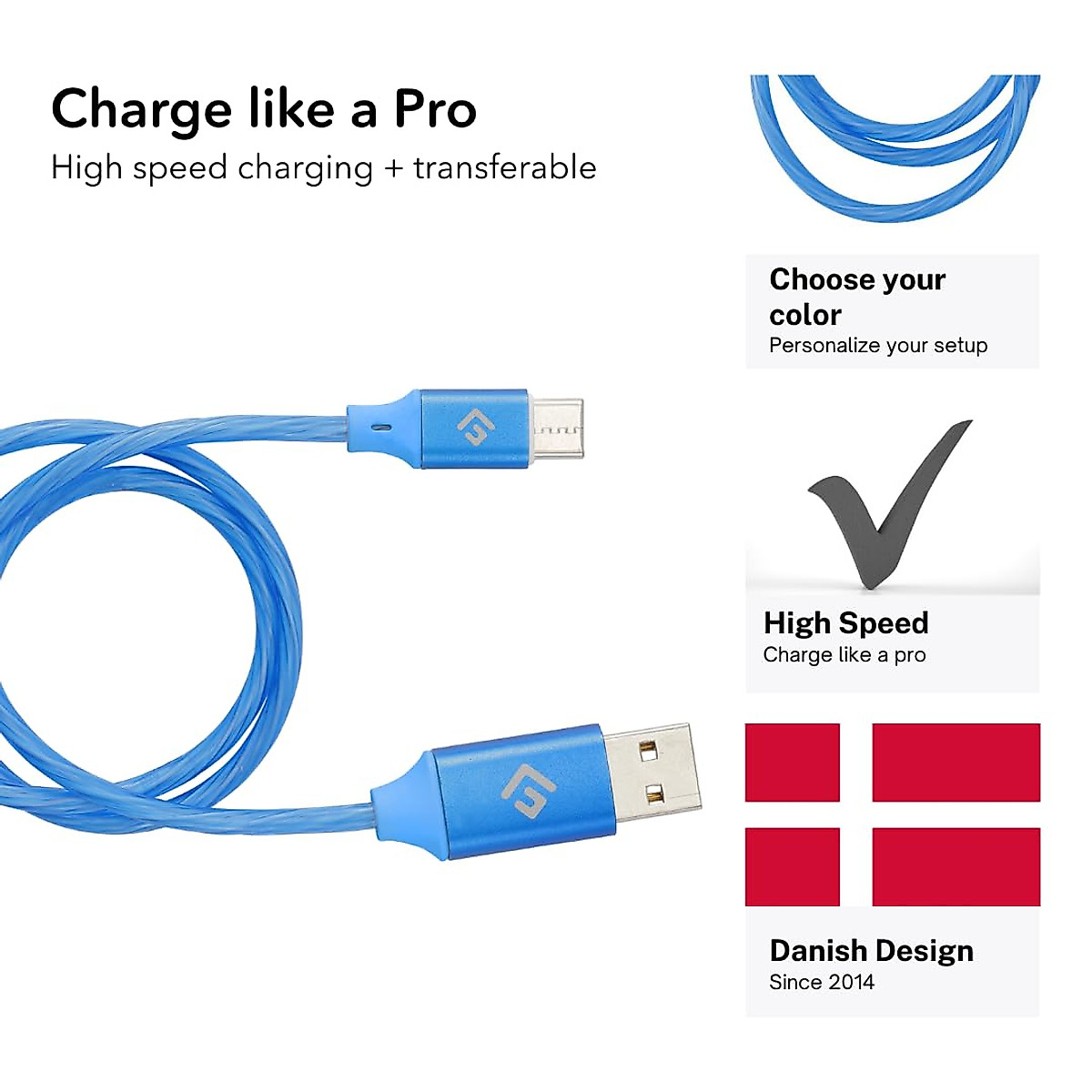 FLOATING GRIP LED USB C Charging Cable, 0.5M/1.5FT 3A Light Up Type c Fast Charging Cable with Data Sync, Compatible with PlayStation, Xbox & More (Blue)