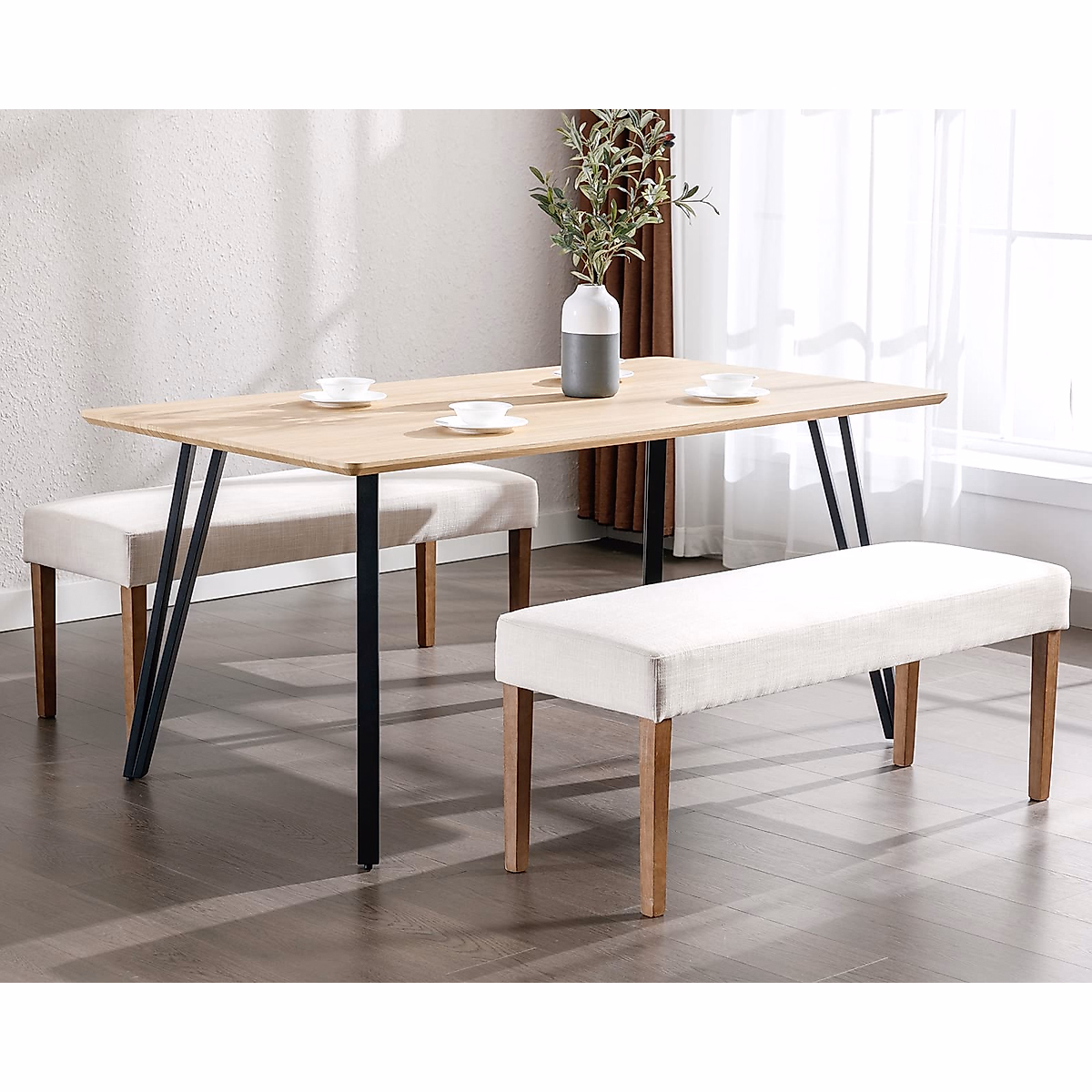 LIVINOVA Farmhouse Upholstered Dining Bench Seat, 45" Linen Entryway Bench with Natural Wood Legs, Mid Century Modern End of Bed Bench for Kitchen Bedroom Living Room Hallway, for 2-3 Person, Beige