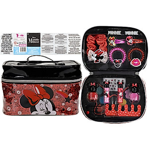 Townley Girl Disney Minnie Mouse Zipper Cosmetic Train Case With Lip Gloss, Lip Balm, Hair Clips, Nail Stickers, Scrunchie and More, Ages 3+, for Parties, Sleepovers and Makeovers