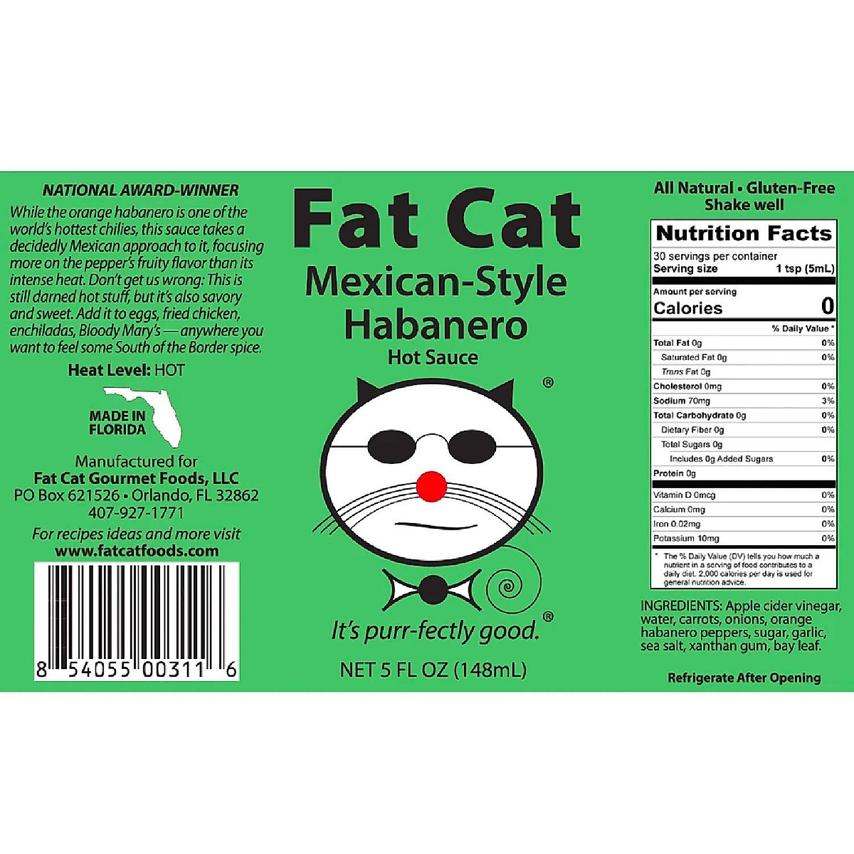 Heat Lovers Natural Hot Sauce Variety Pack by Fat Cat Gourmet | Habanero | Scotch Bonnet | Ghost | Scorpion | Carolina Reaper | Sampler Gift Set | Gluten Free | Vegan | Keto Friendly (5 Bottles)