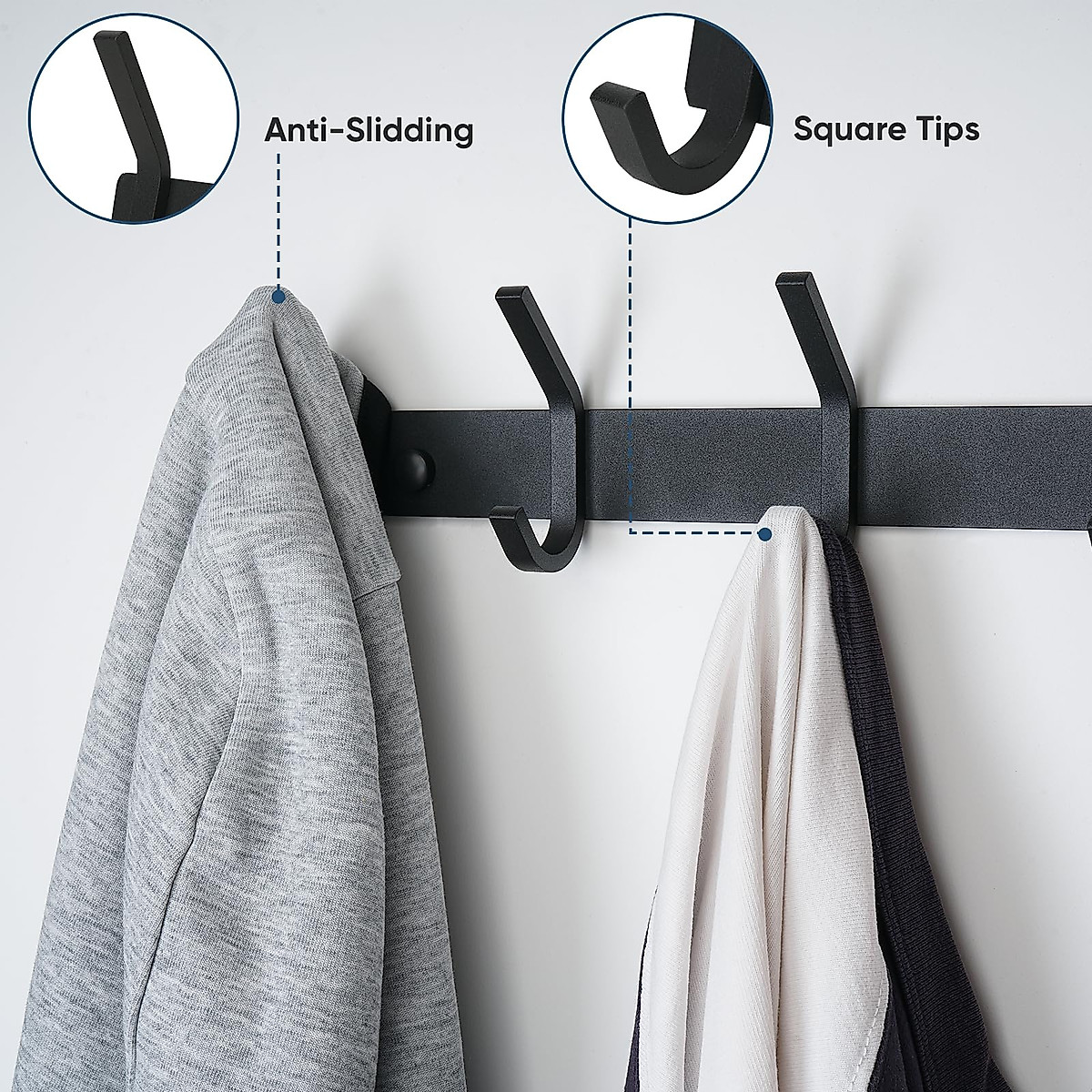 TICONN Wall Mounted Coat Rack - 6 Heavy Duty Dual Hooks All Metal Contemporary Coat Hanger for Jacket Coat Hat for Mudroom Entryway Bathroom (Black, 2PK)