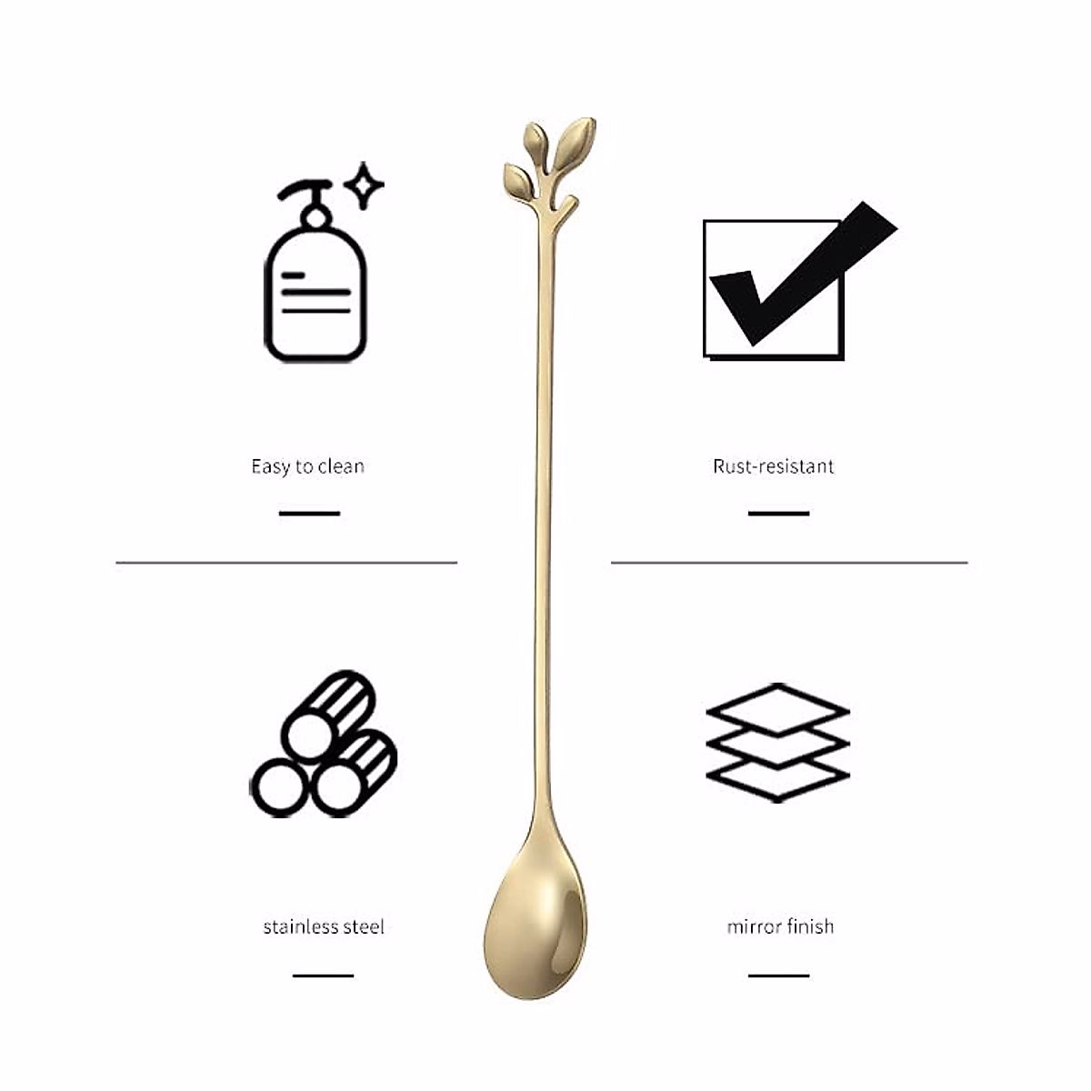 10 Pieces Stainless Steel Leaf Teaspoons Coffee Teaspoon 7.4 Inch Set Stainless Steel Long Handle Spoon Stir Bar Spoon Stirring Spoon Ice Cream Spoon Gold