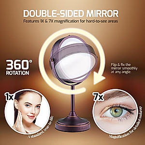OVENTE 7'' Lighted Makeup Mirror with 1X/7X Magnification, Cordless Tabletop Mount Vanity Mirror with 360° Swivel Design & Double Sided Glow Cosmetic White LED Ring Light, Antique Bronze MCT70ABZ1X7X