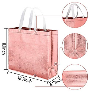 Whaline Set of 12 Reusable Rose Gold Gift Bags Glossy Glitter Tote Bag with Handles Large Size Stylish Party Holidays Favor Bags for Wedding Birthday Party Valentines Mother's Day Christmas