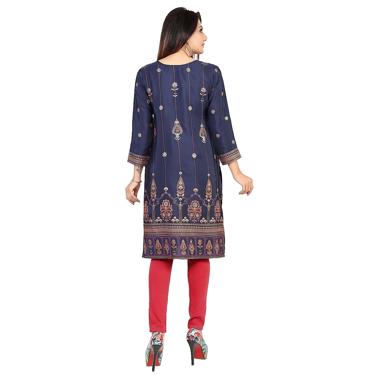 Indian Kurtas for Women Silk Long India Kurti Tunic Party Wear Tops (Blue, 3XL)