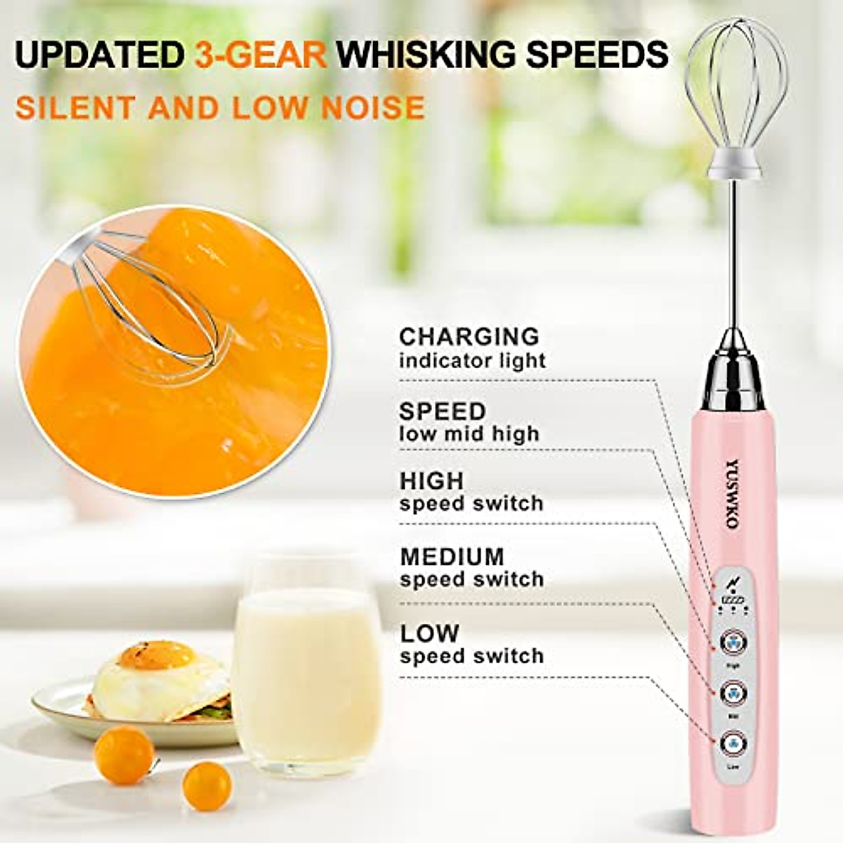 YUSWKO Milk Frother Handheld with 3 Heads, Coffee Whisk Drink Foam Mixer with USB Rechargeable 3 Speeds, Electric Hand Frother for Latte, Cappuccino, Hot Chocolate, Egg - Pink