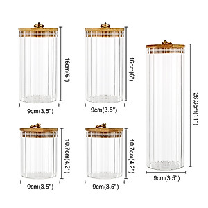 Glass Storage Jars Set of 5, Decorative Coffee Bar Container with Airtight Bamboo Lid Metal Ring for Home Kitchen Storing Candy, Cookie, Pasta, Nuts, Oatmeal and Bathroom Salt