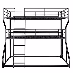 KoiHome Full Over Twin Over Queen Size Triple Bunk Bed with 2 Ladders, Metal Low Bed Frame with Full-Length Guardrail for Kids Teens Girls Boys Bedroom, Space-Saving, No Box Spring Needed, Black