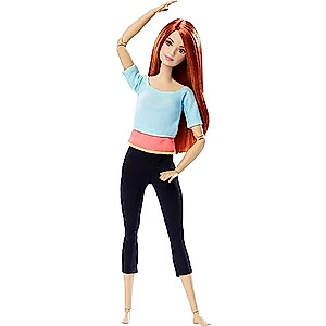 Barbie Made to Move Posable Doll in Pastel Blue Color-Blocked Top and Yoga Leggings, Flexible with Red Hair