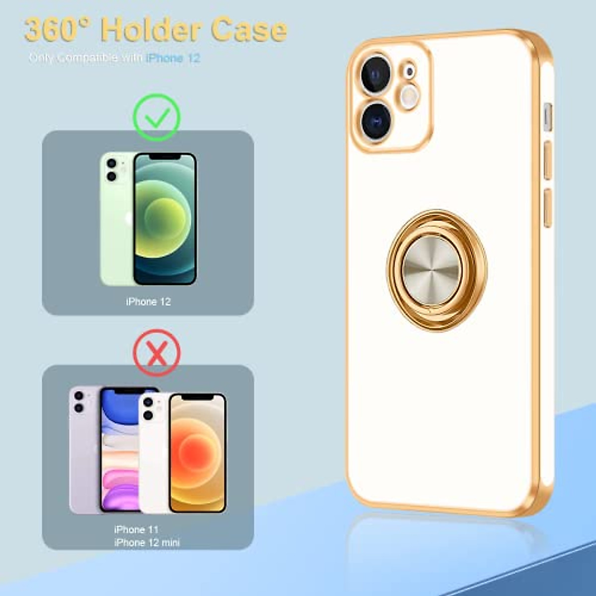 Fingic iPhone 12 Case with 360° Rotatable Ring Holder Magnetic Kickstand, Shiny Plating Gold Edge, Slim Soft TPU Shockproof Protective Cover for Women, Men, White