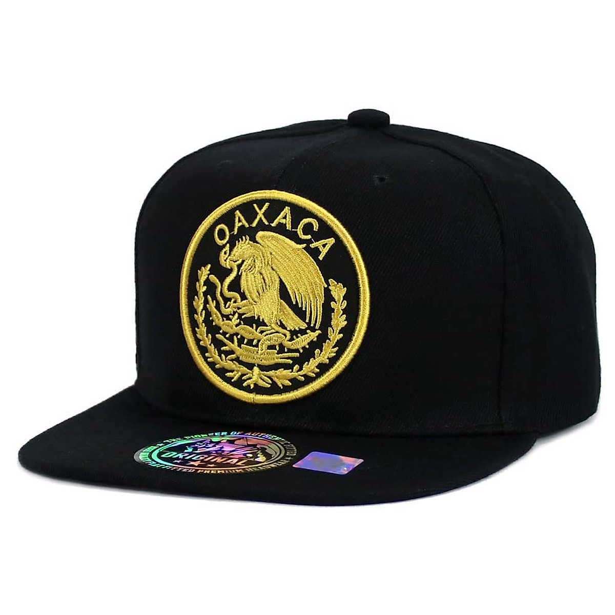 Mexican Hat Mexico State Federal Logo Embroidered Snapback Flat Bill Baseball Cap (Oaxaca- Black/Gold)