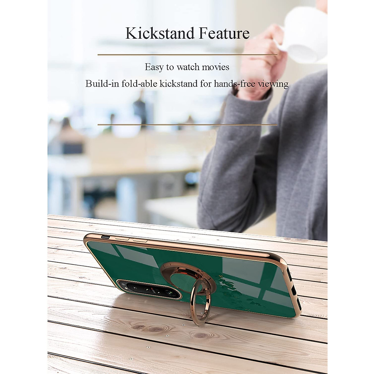 Yarxiawin Compatible with Sony Xperia 1 III Case with Ring Holder Pink, Aesthetic Sony Xperia 1 III Phone Case Silicone Soft TPU Slim Cover Shockproof Luxury with Kickstand (Dark Green)