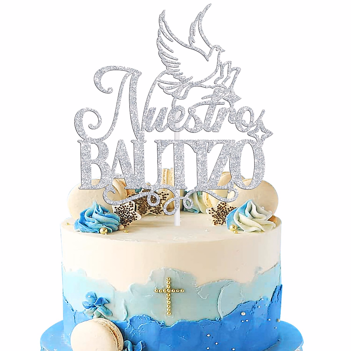 Nuestro Bautizo Cake Topper, Spanish First Holy Communion Christening Baptism Day Decor, Bridal Shower/Wedding/Baptism/Baby Shower Party Decorations, Silver Glitter