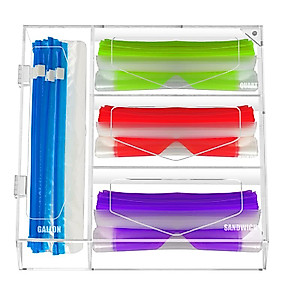 SOUTHGATE Plastic Ziploc Bag Storage Organizer Grocery Bag Holder Acrylic Ziplock Dispenser Baggie Organizer Box for Kitchen Drawer, Suitable for Gallon, Quart, Sandwich & Snack with DIY Sticky Note