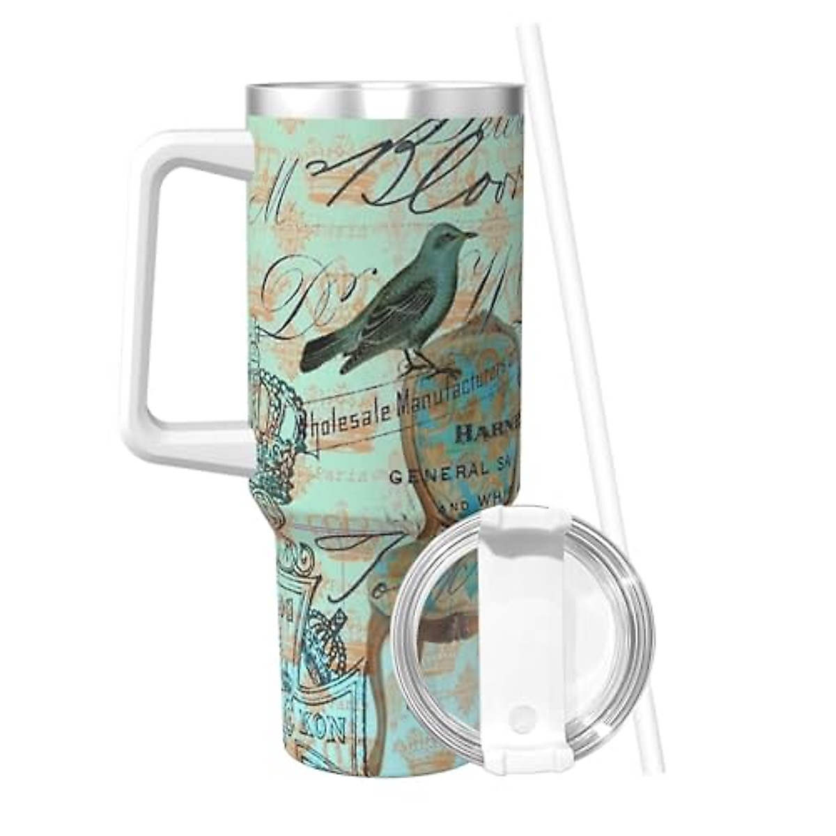 Xiexide 40oz Sweatproof Gifts Vintage French Dark Academia Cottage Butterfly Bird Double Walled Vacuum Insulatedith Handle And Straw,Hot & Cold Drinks