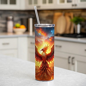 Flaming Phoenix Rising From Ashes Fantasy Bird Skinny Tumbler 20oz with Straw Insulated Water Bottle Gift