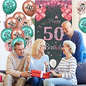 50th Birthday Party Decorations for Women Rose Gold Green Happy 50th Birthday Door Banner and 18 Pcs 50th Birthday Balloons for Women Men 50th Birthday 50 Years Anniversary Party Supplies