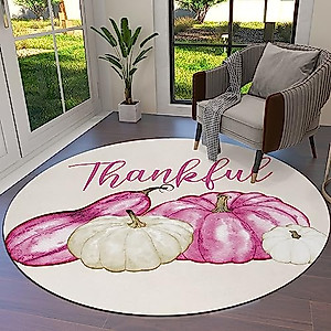 Large Round Area Rug for Living Room Bedroom, 3ft Non-Slip Rugs for Kids Room, Pink White Pumpkins Fall Thanksgiving Washable Carpet Floor Mat for Home Nursery Room Decor