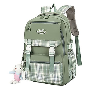 CLESUZ Aesthetic Backpack Plaid School Laptop Backpack Lightweight Travel Backpack for Girls Teens (Green)