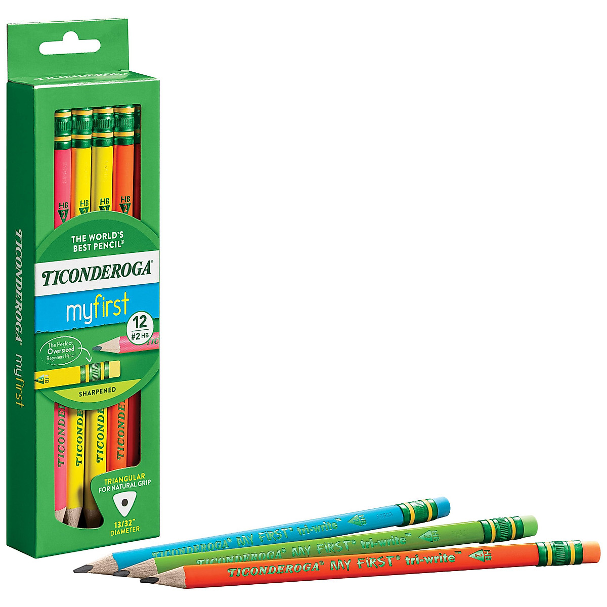 Ticonderoga My First Tri-Write Wood-Cased Pencils, Neon Colors, 12 Count (X13012)