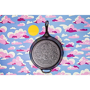 Lodge 13.25 Inch Dolly Parton Pre-Seasoned Cast Iron Stamped Skillet - Signature Teardrop Handle - Use in the Oven, on the Stove, on the Grill, or Over a Campfire - Clear Blue Morning