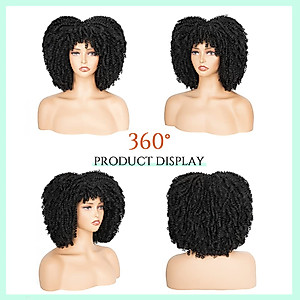 Aminow Afro Kinky Curly Wigs for Black Women Glueless Synthetic Short Curly Afro Wig with Bangs Natural Black 12 Inch