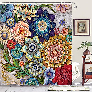 Neasow Boho Floral Shower Curtains for Bathroom, Bright Fabric Blossom Shower Curtain with 12 Hooks, Multi Color 72"×72"