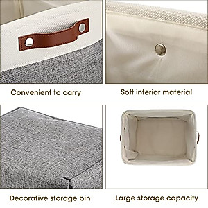 6 Pack Storage Baskets for Shelves Large Closet Storage Bins Foldable Fabric Storage Cubes Organizer with Leather Handles for Laundry Nursery Home Office Gifts, Grey and White, 15 x 11 x 9.5 Inch