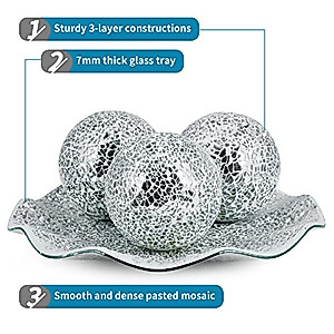 MDLUU Centerpiece Bowl and Balls Set, Mosaic Tray with 3 Pieces Spheres, 12" Decorative Plate with 4" Mosaic Orbs for Home Decor, Gift (Silver)