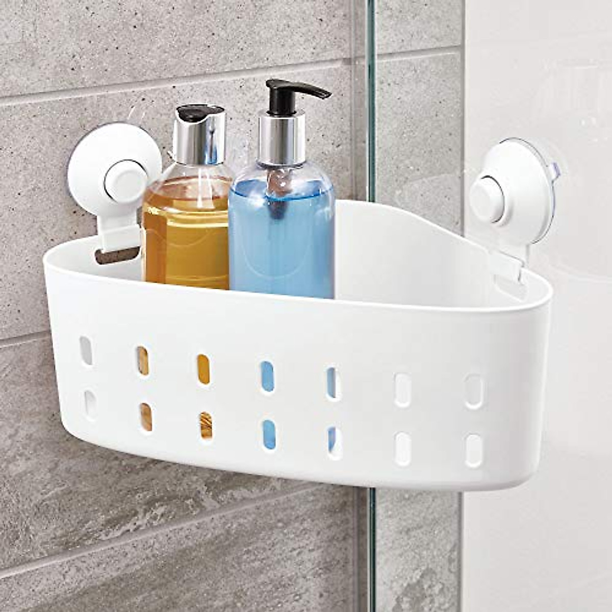 iDesign Cade BPA-Free Plastic Corner Storage Organizer 2 Push Lock Cups for Bathroom Shower/Tub, 7.52" x 12" x 7.32", Suction Basket
