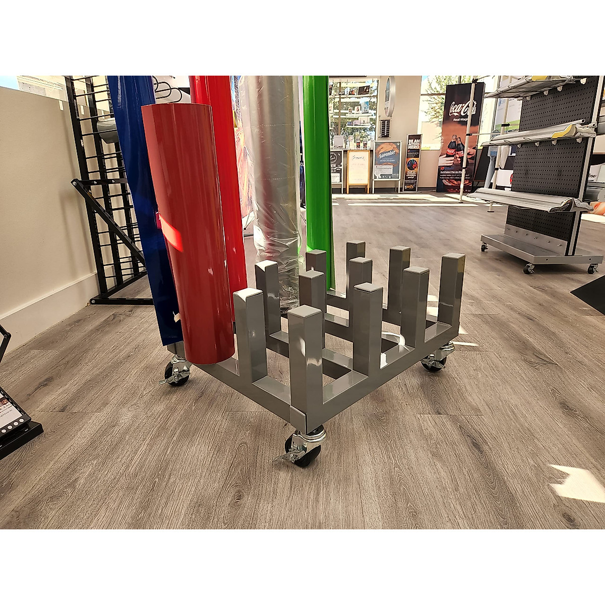 Signworld Heavy Duty Media Roll Mover Mobile Storage Cart Rack – Holds 16 Rolls