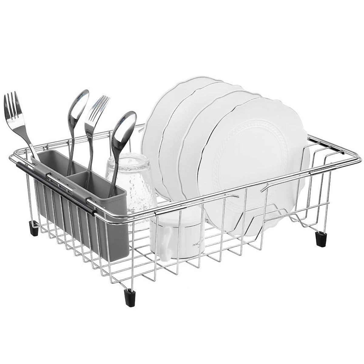 SANNO Expandable Dish Drying Rack Sink Dishes Drainer , Dish Rack with Utensil Silverware Storage Holder Over The Sink Adjustable Arms Dish Drying Drainer, in Sink or On Counter,Stainless Steel