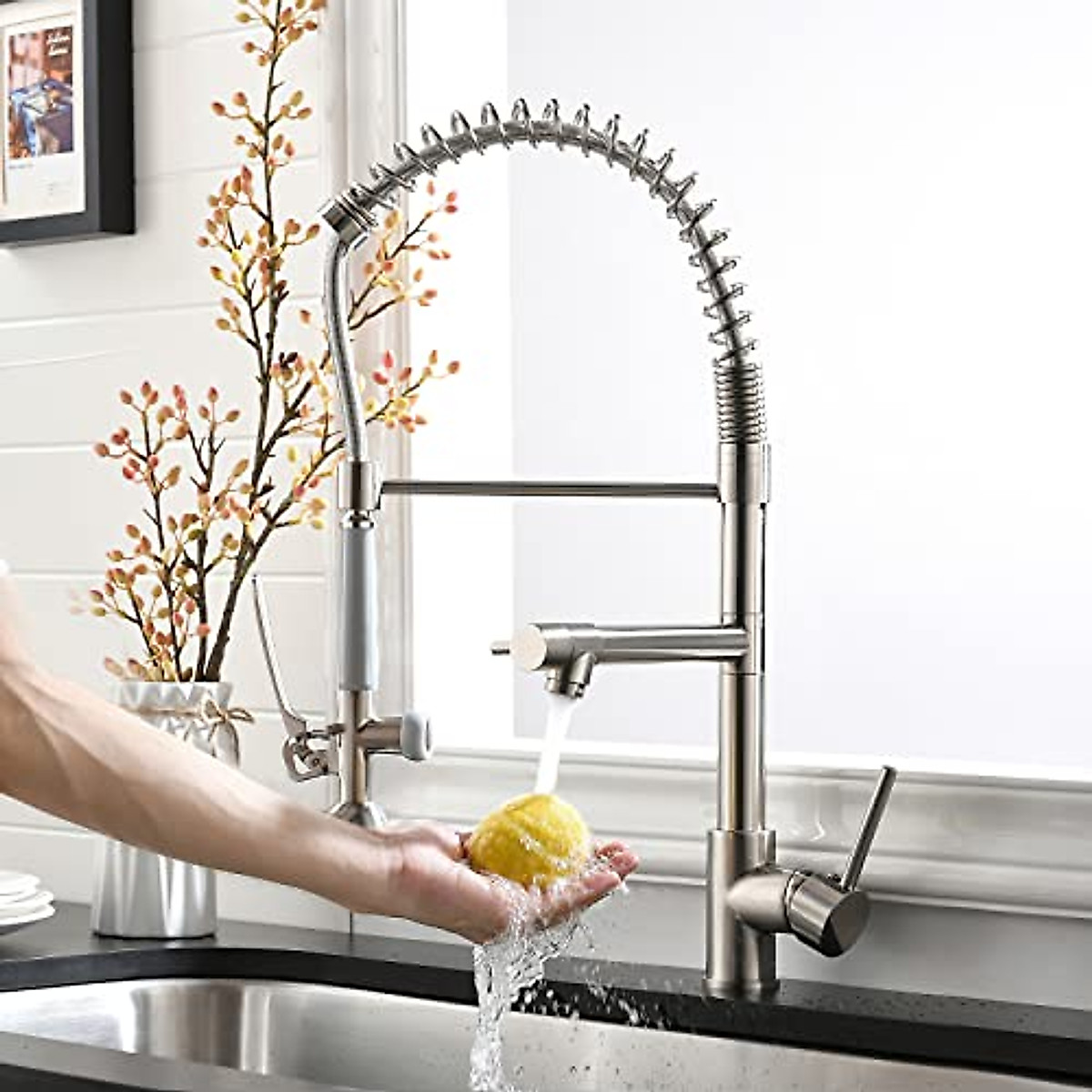 Fapully Commercial Single Handle Pull Down Sprayer Brushed Nickel Kitchen Faucet, Kitchen Sink Faucet with LED Light